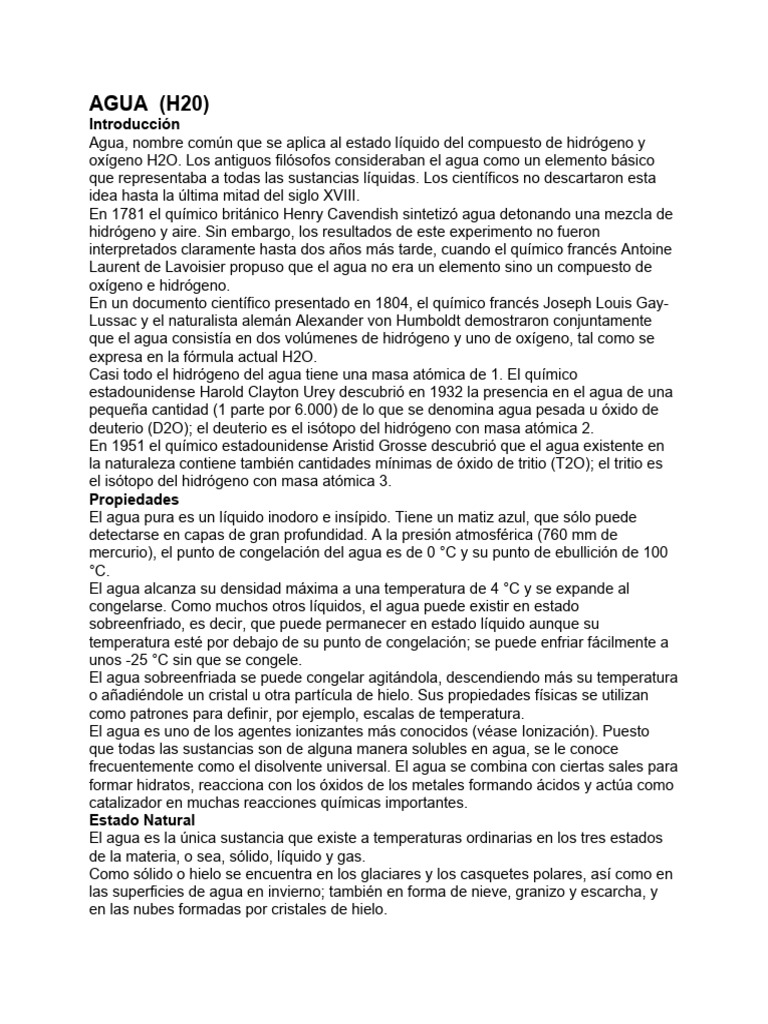 AGUA (H20) : Introducción | PDF | Agua | Celsius
