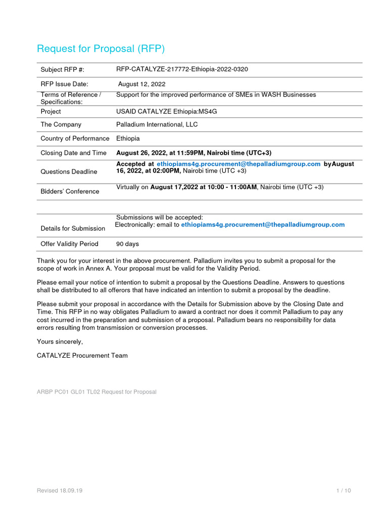 RFP CATALYZE 217772 Ethiopia 2022 0320 | PDF | Request For Proposal | Wash