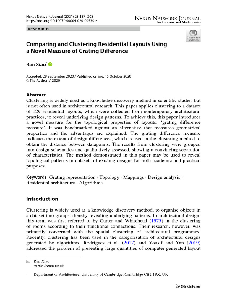 Comparing and Clustering Residential Layouts Using A Novel Measure of Grating Difference | PDF ...