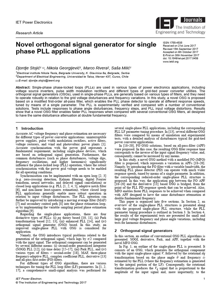 Novel Orthogonal Signal Generator For Single Phase Pll Applications Download Free Pdf Power