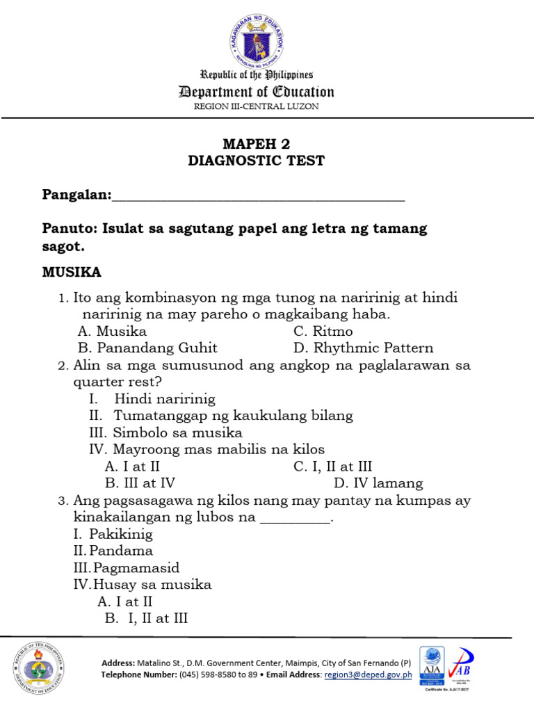 Grade 2 MAPEH Assessment Tool FINAL | PDF