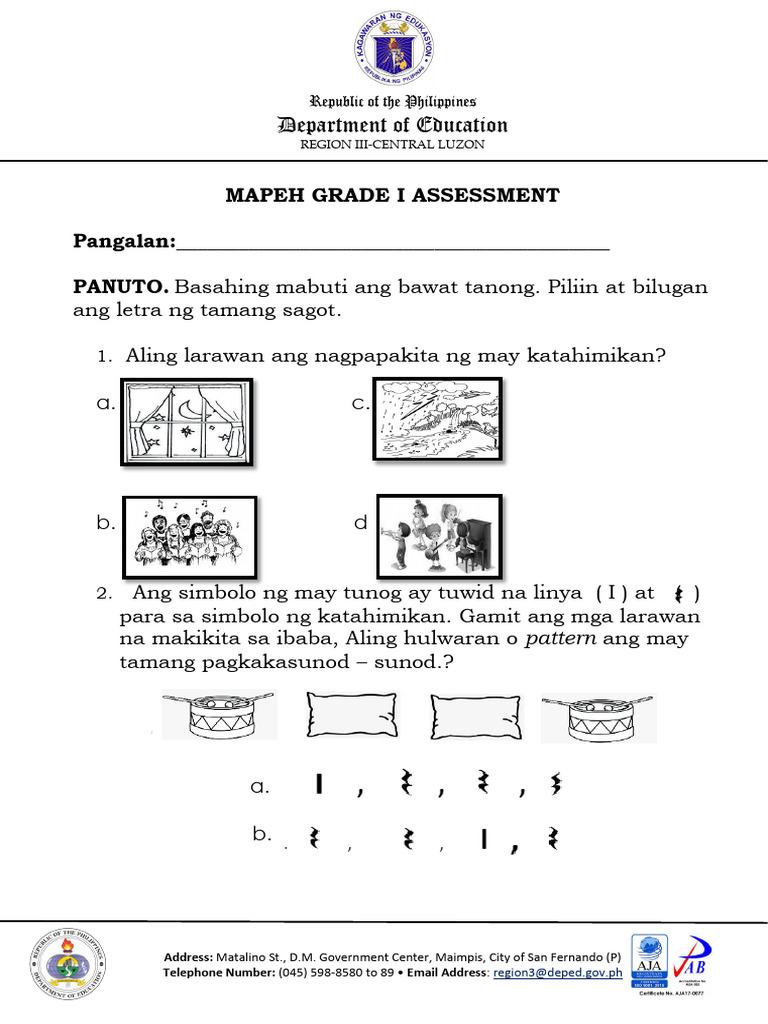Grade 1 MAPEH Assessment Tool FINAL | PDF