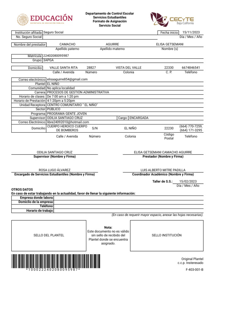 Asignación Servicio Social Elisa Camacho | PDF