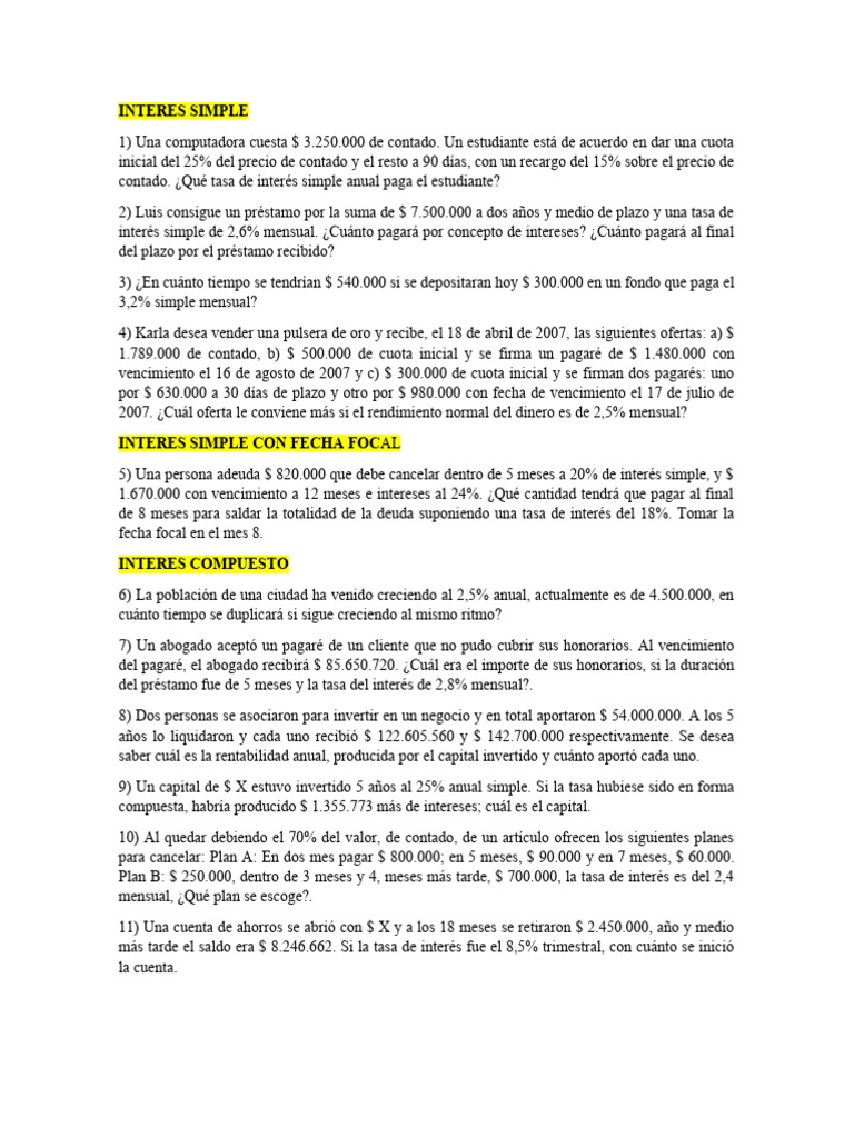 Taller Interes Simple y Compuesto | PDF | Interés | Economias