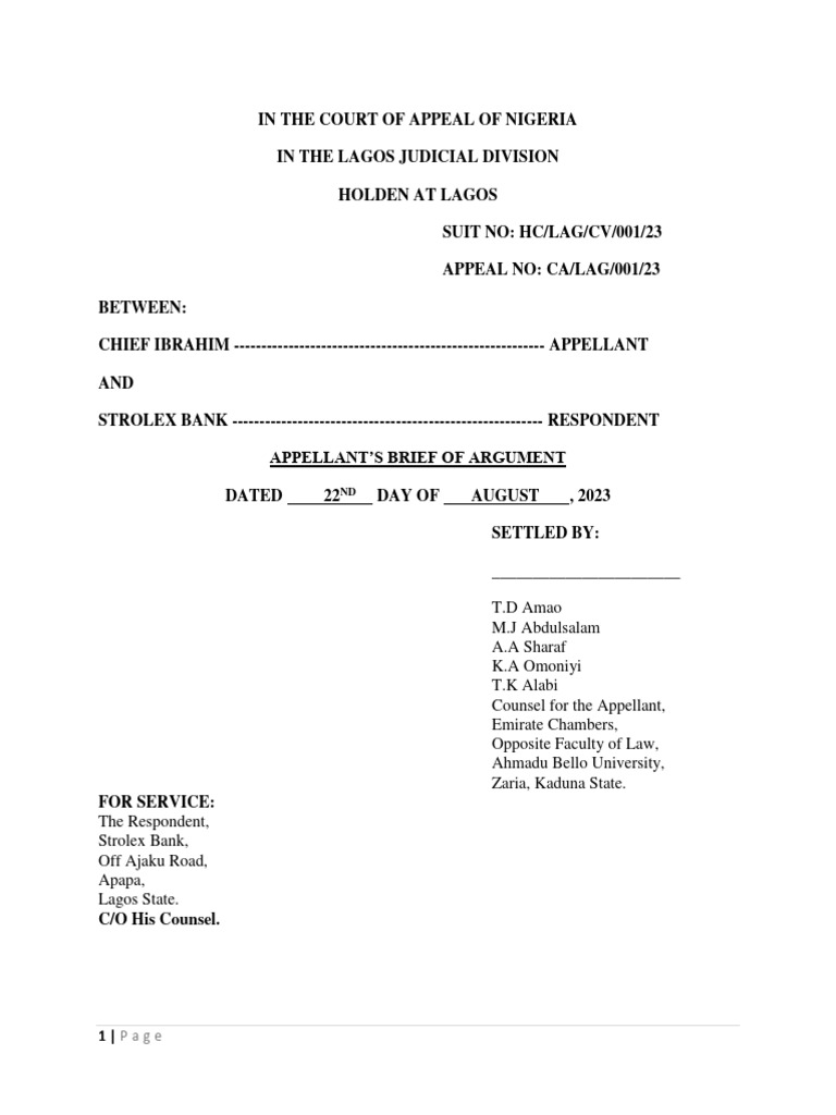 Appellant Brief of Argument-1 | PDF | Negligence | Duty Of Care Appellant Brief of Argument-1 | PDF | Negligence | Duty Of Care