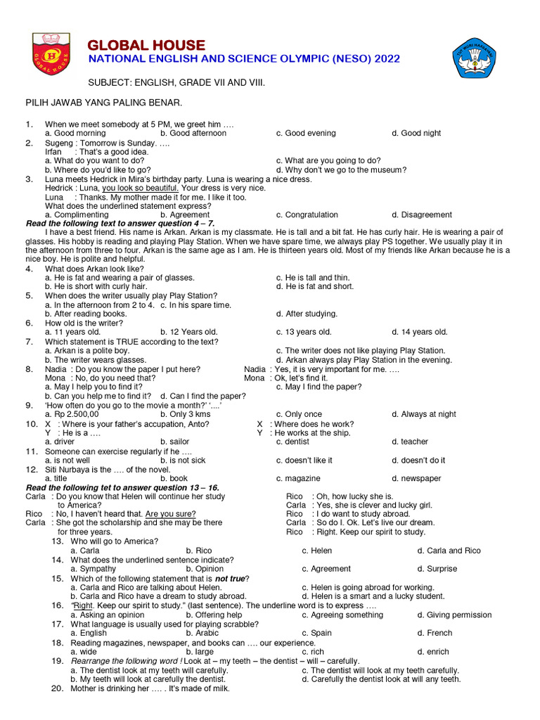 Soal Olymp English Kls 7&8 - 40 Soal | PDF | Language Arts & Discipline | Art