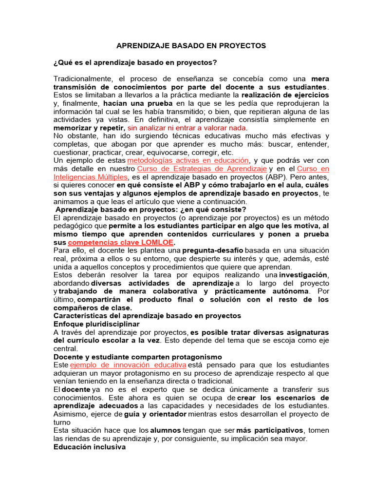 APRENDIZAJE BASADO EN PROYECTOS 1 | PDF | Aprendizaje en base a proyectos | Aprendizaje