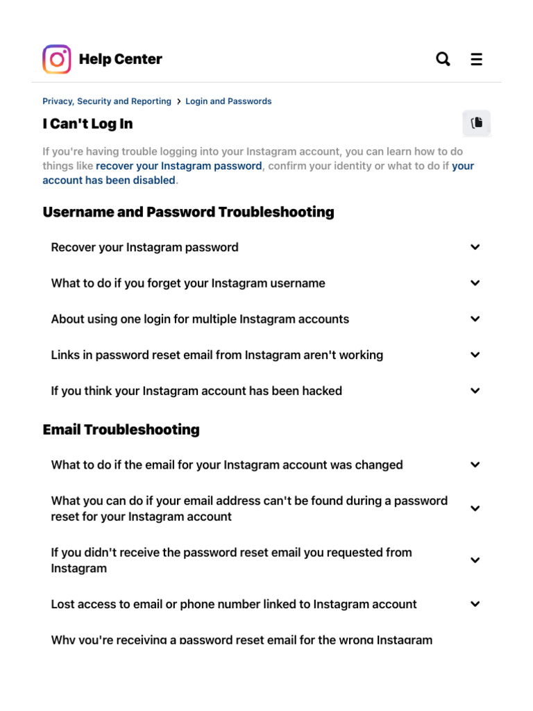I Can't Log in - Instagram Help Center | PDF
