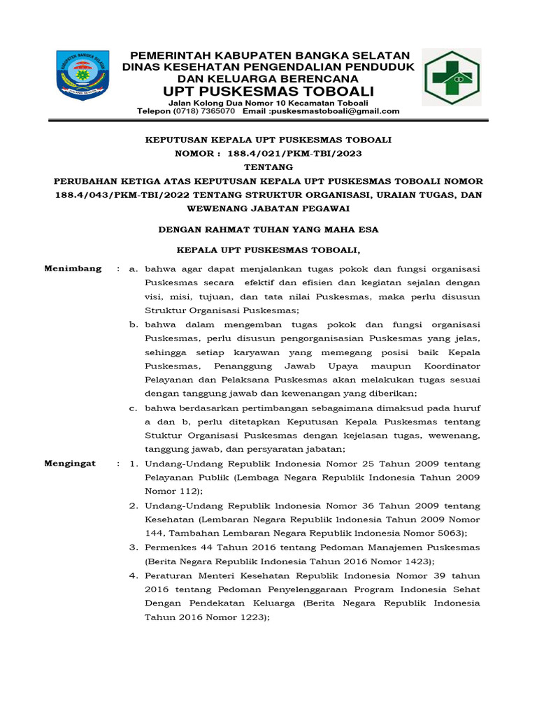 1-E SK Struktur-Uraian Tugas-Tanggung Jawab-Wewenang PKM Tbi 2023 | PDF