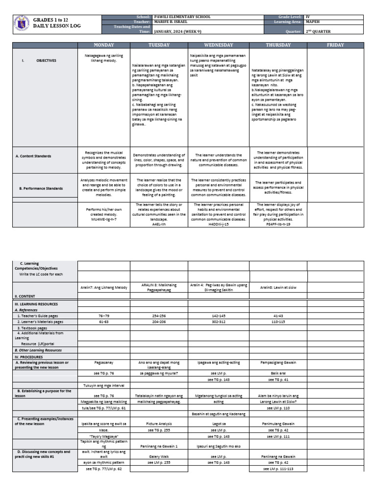 DLL - Mapeh 4 - Q2 - W9 | PDF | Learning | Behavior Modification