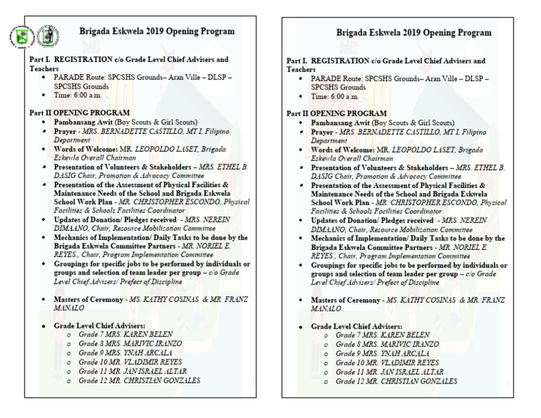 Brigada Eskwela 2019 Sample Opening Program V2 | PDF | Scouting | Youth ...