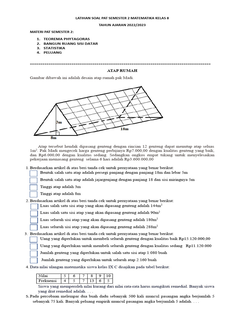 Latihan Soal Pat 2 Matematika Kelas 8 | PDF