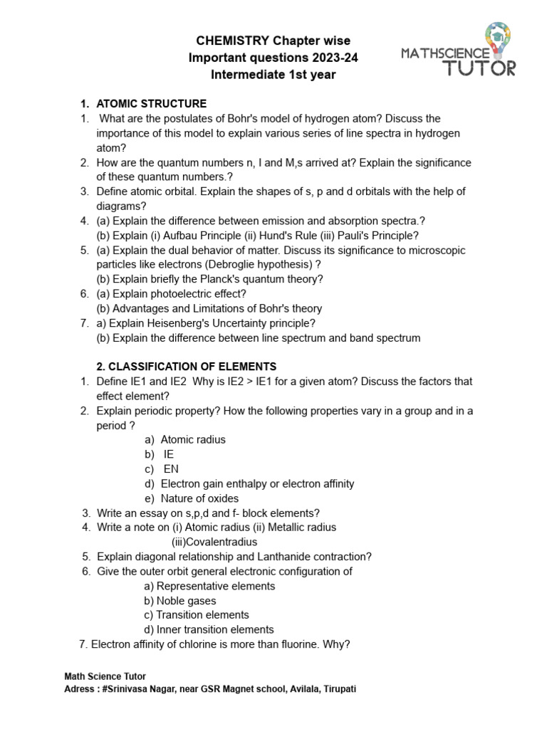 1st Year Chemistry Important Questions | PDF | Chemical Bond | Atoms