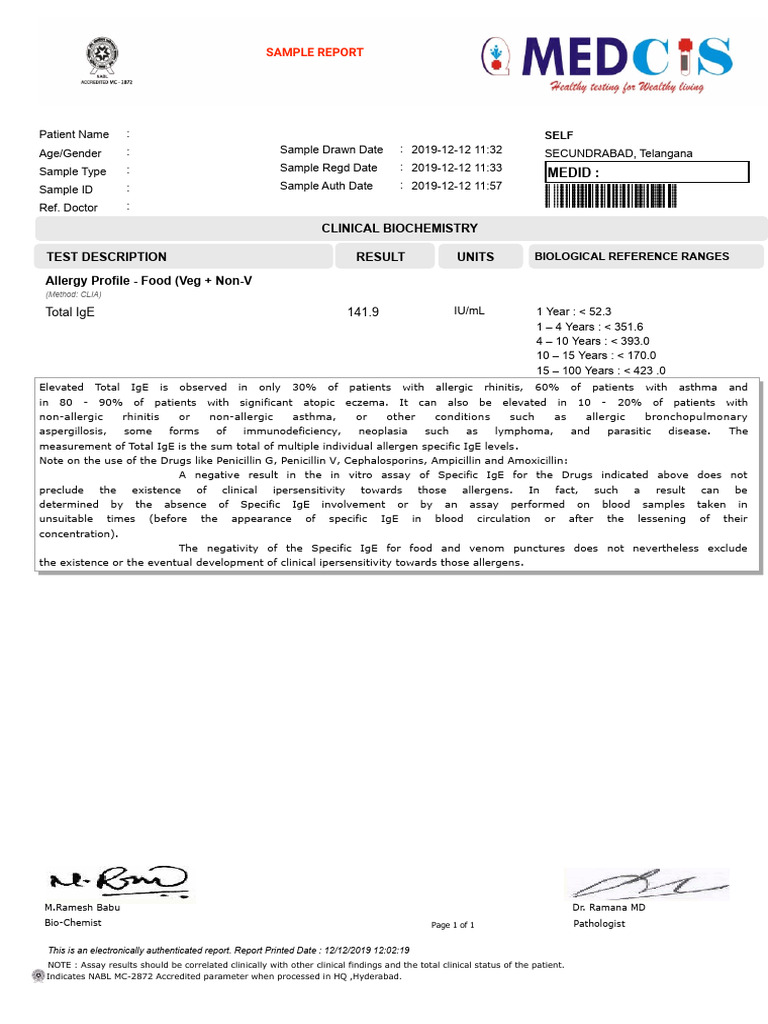 Sample Report Food Allergy Veg and Non Veg | PDF | Medical Specialties ...