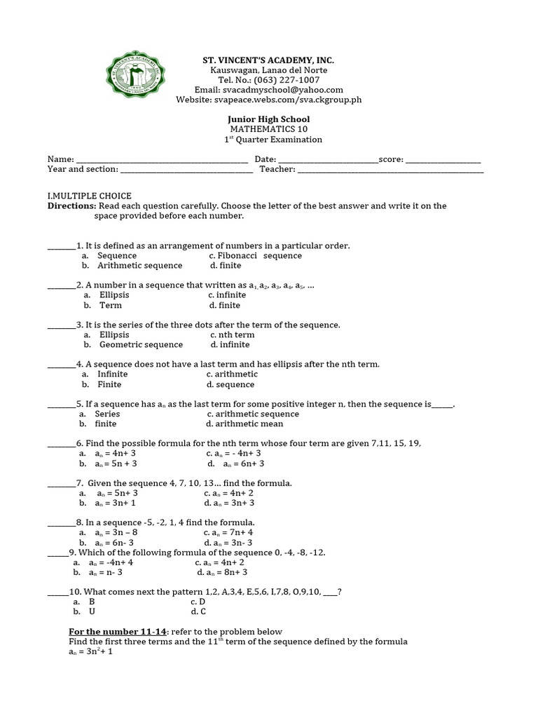 Math 10 1st Quarter Exam Guide | PDF | Mean | Sequence