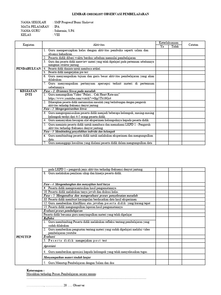 LEMBAR CHECKLIST OBSERVASI PEMBELAJARAN (Suhermin, S.PD.) | PDF