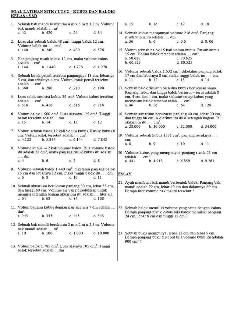 MTK - Soal UTS 2 - Balok Dan Kubus - Kls 5 SD | PDF