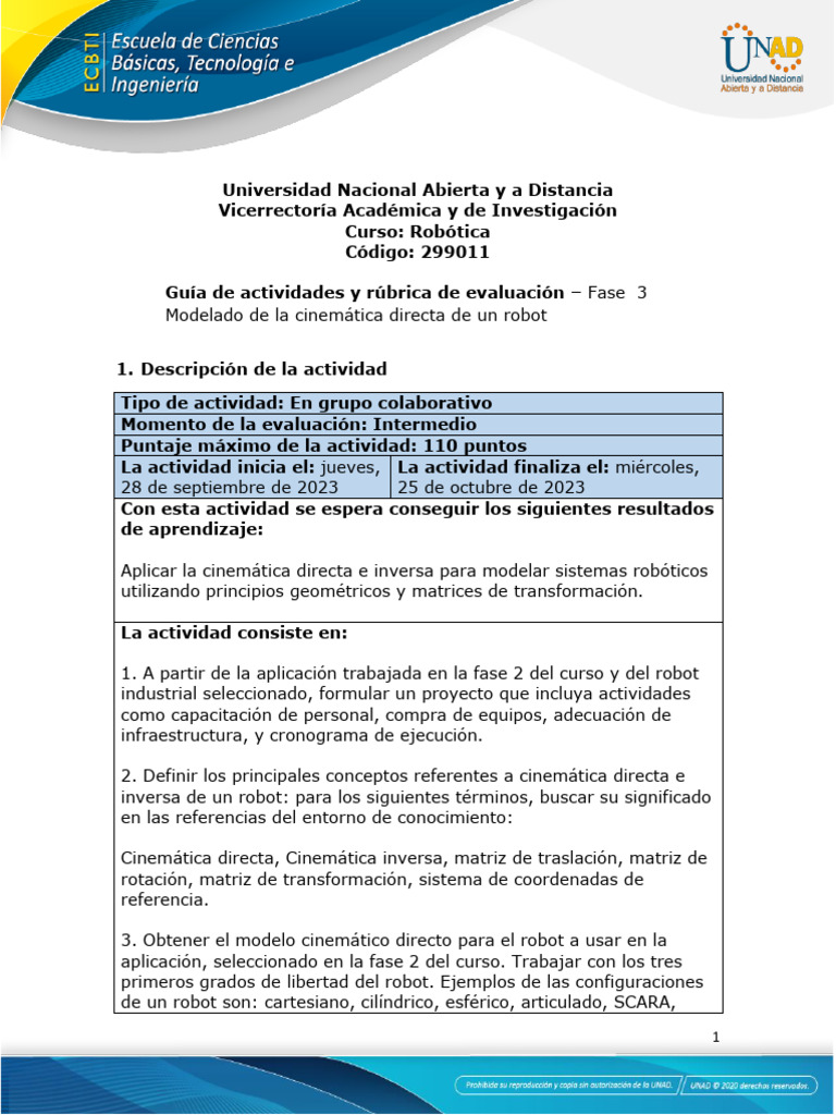 Guía de Actividades y Rúbrica de Evaluación - Unidad 2 - Fase 3 - Modelado de La Cinemática ...
