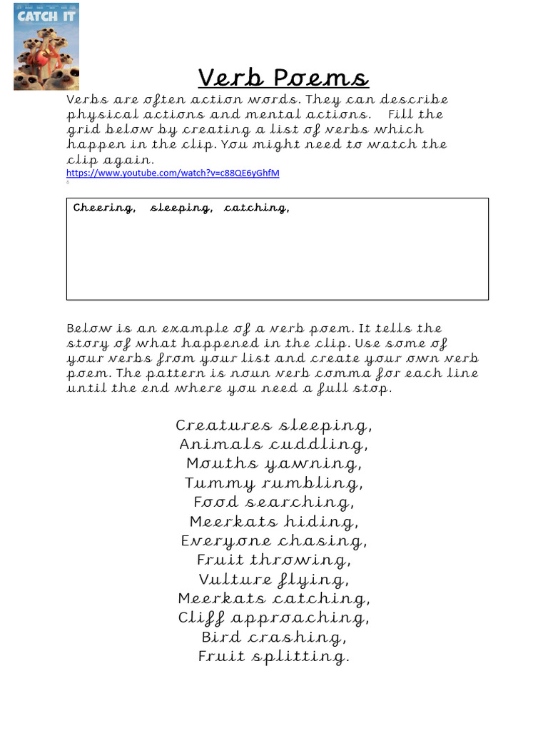 Verb Poems: Cheering, Sleeping, Catching | PDF