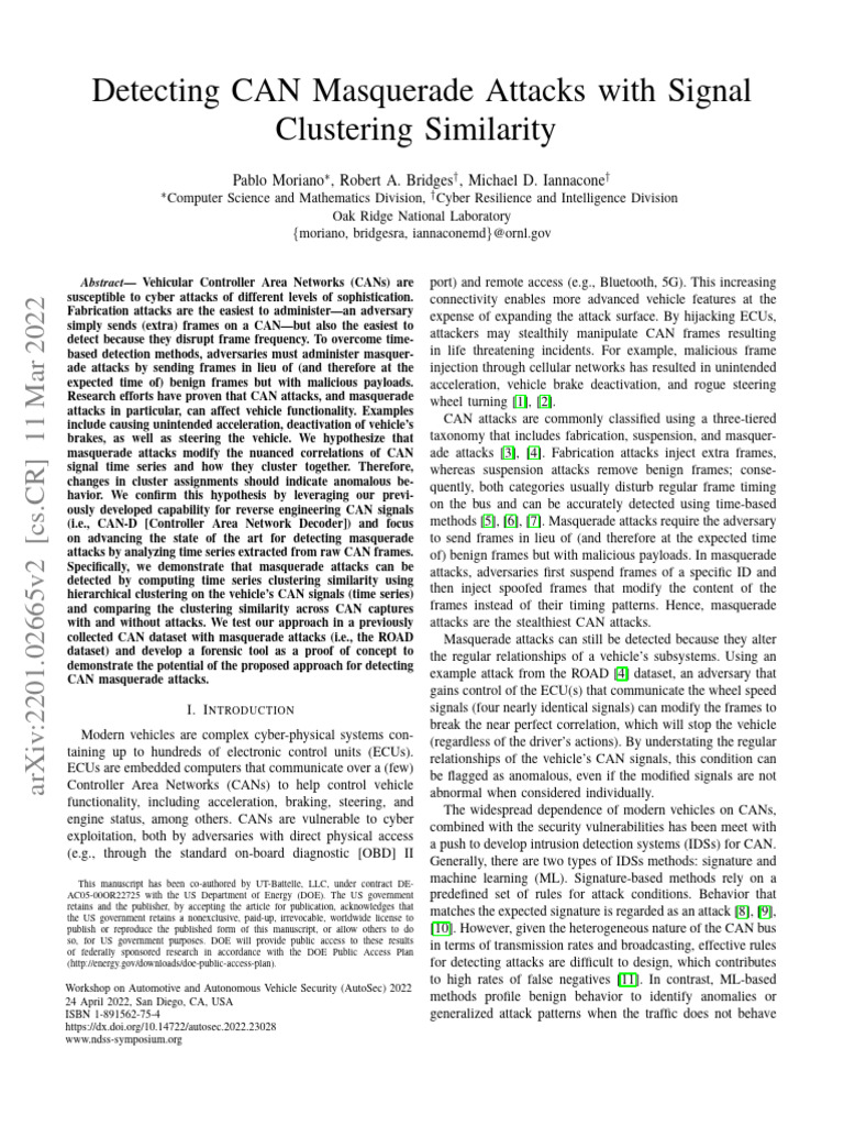Detecting CAN Masquerade Attacks With Signal Clustering Similarity ...