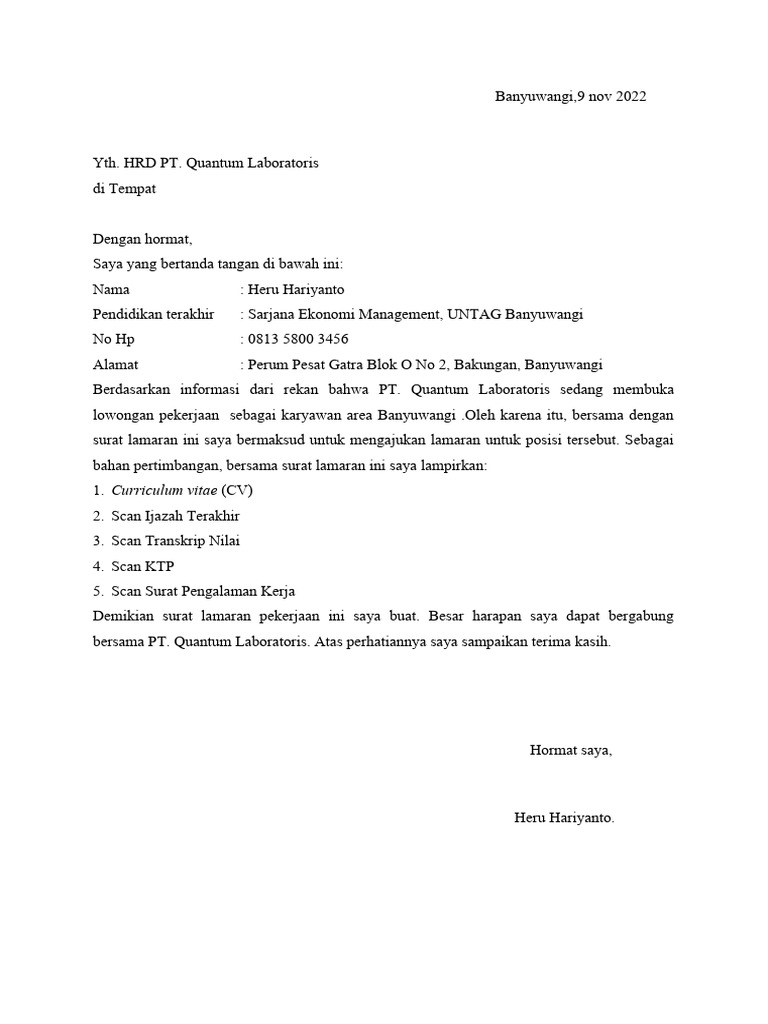 Surat Lamaran Kerja Heru Hariyanto | PDF | Karier & Perkembangan | Pengelolaan Keuangan & Uang