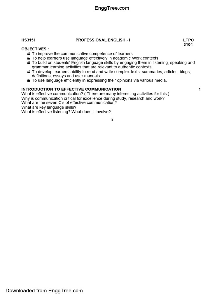 HS3151 Professional English I Syllabus PDF Download | PDF | Communication | English Language