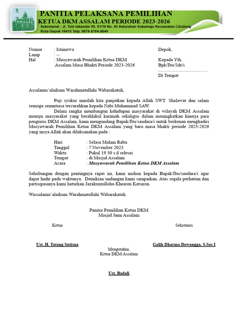 Kop Surat Panitia Pemilihan Ketua DKM Masjid Assalam 2023 | PDF
