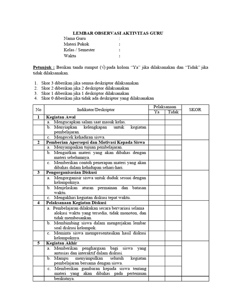 Lembar Observasi Aktivitas Guru Dan Siswa | PDF Lembar Observasi Aktivitas Guru Dan Siswa | PDF