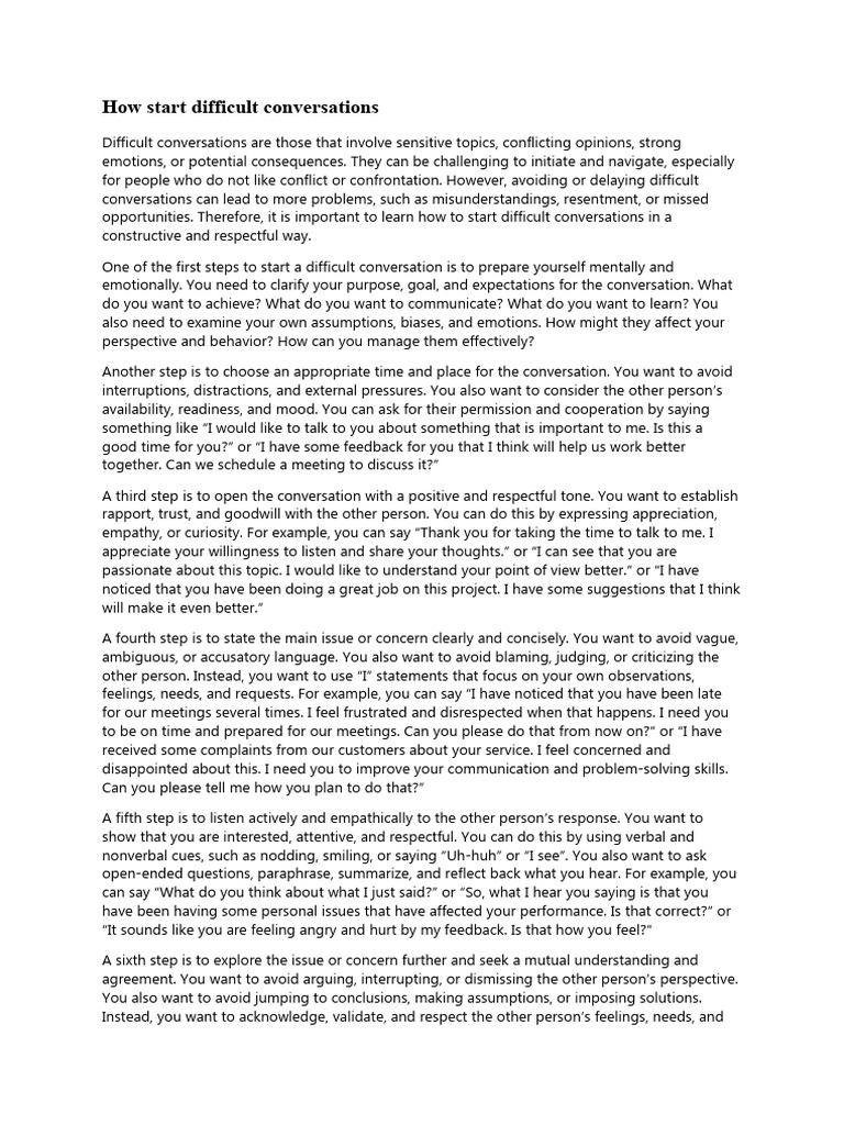 How Start Difficult Conversations | PDF | Conversation | Emotions