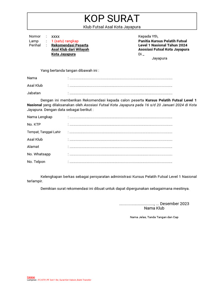 Format Surat Rekomendasi Klub | PDF | Olahraga & Rekreasi
