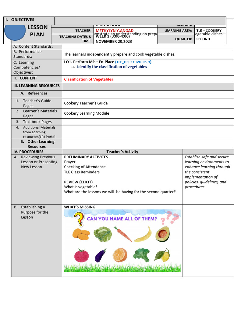 Week 1 Day 2 Classification of Vegetables 2 - Copy LESSON PLAN | PDF