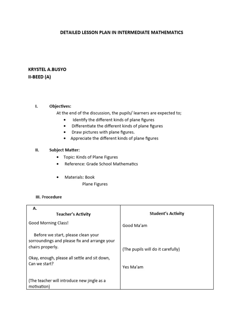 Detailed Lesson Plan in Mathematics IV Plane Figures | PDF | Triangle ...
