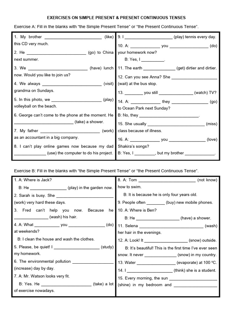 Exercises On S. Present & Present Cont. Tenses 2 | PDF