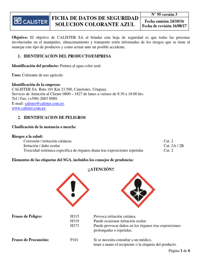 FDS Solución Colorante Azul | PDF | Agua | Química