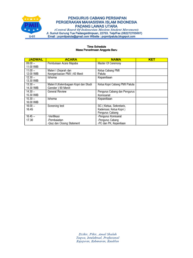 Time Schedule Mapaba (PC PMII Paluta) | PDF