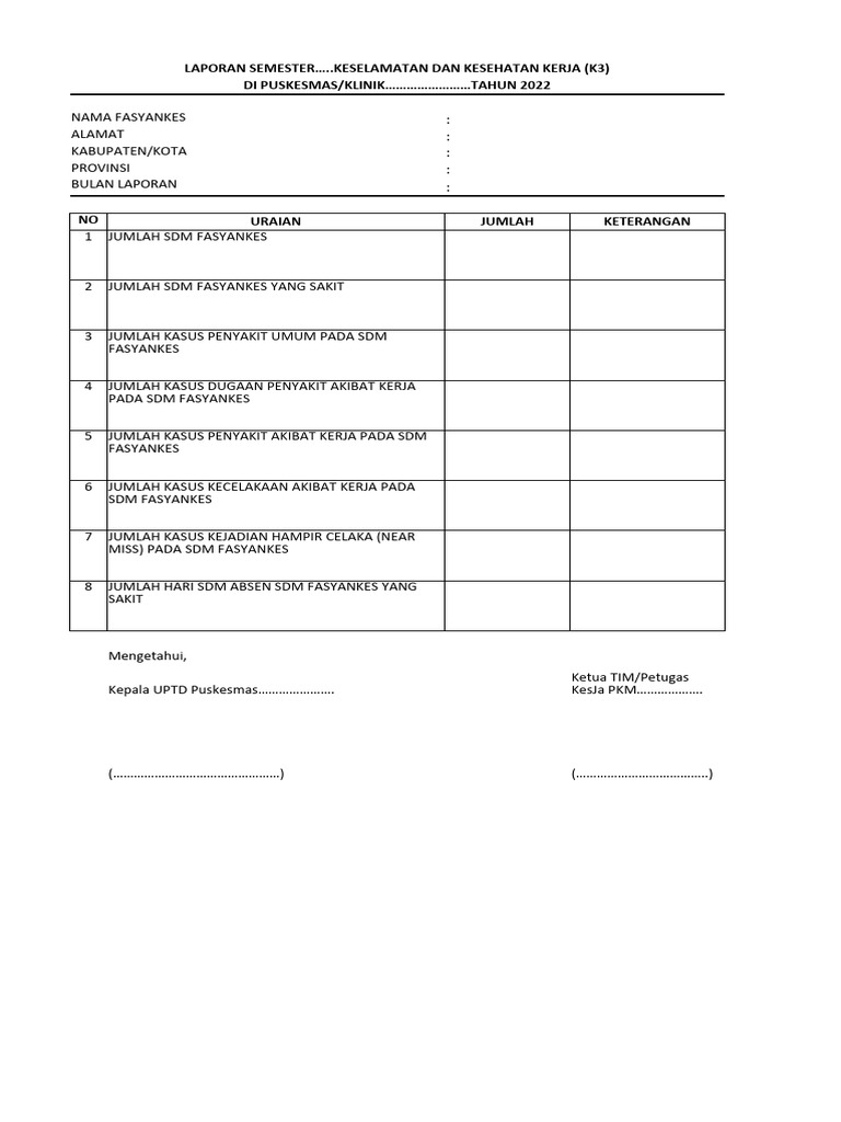 Form Lap - Semester Dan Tahunan - K3 Fasyankes | PDF