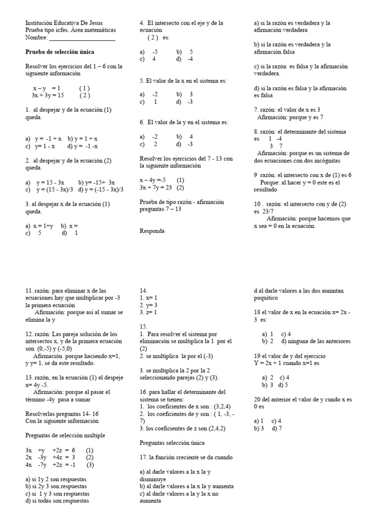 Prueba 1 Tipo Icfes Matematicas I e D J | PDF | Ecuaciones | Matemáticas