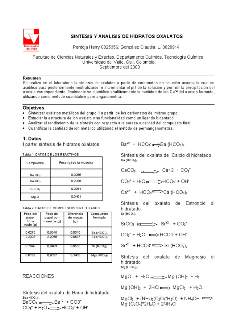 Hidratos Oxalatos | PDF | Ph | Calcio
