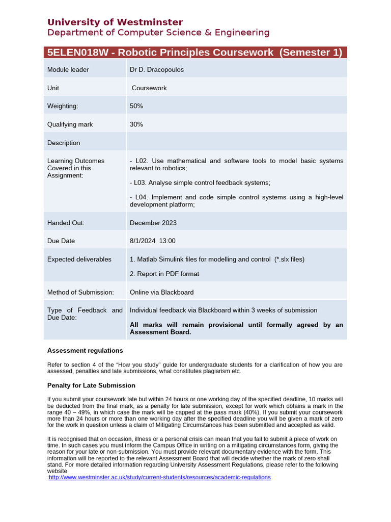 Coursework Specification 2023 2024 | PDF | Control Theory | Computer Engineering