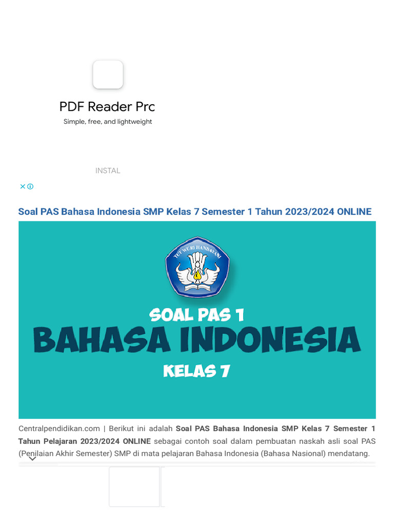 Soal PAS Bahasa Indonesia SMP Kelas 7 Semester 1 Tahun 2023 - 2024 ONLINE | PDF | Seni | Fiksi Umum