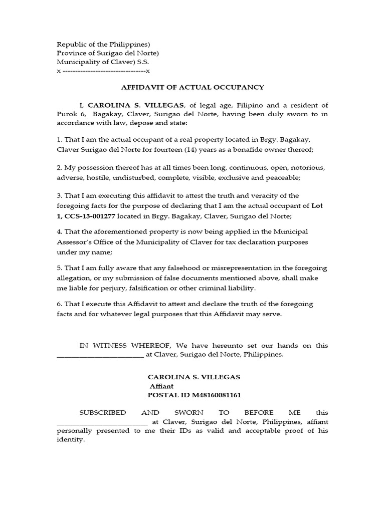 AFFIDAVIT of ACTUAL OCCUPANCY | PDF