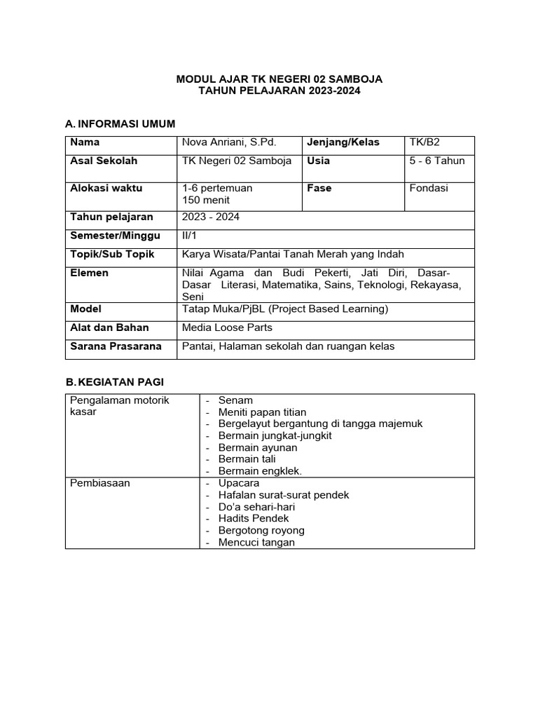 Modul Ajar PADU Topik Karya Wisata Sub Topik Pantai | PDF