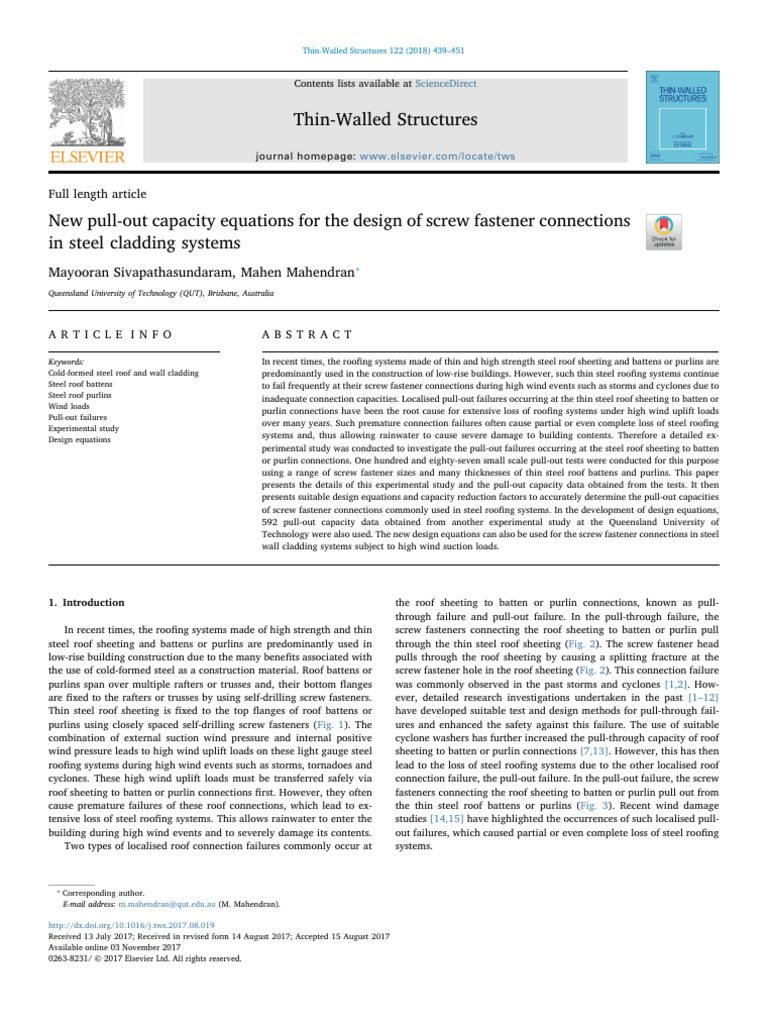2018 New Pull-Out Capacity Equations For The Design of Screw Fastener ...