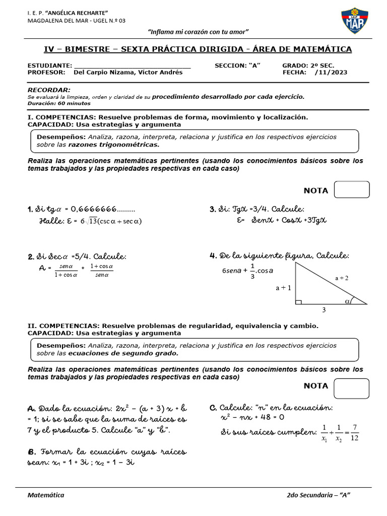 Iv Bimestre - Sexta Práctica Calificada de Matematica - Semana 06 - 2do Sec A - 2023 | PDF ...
