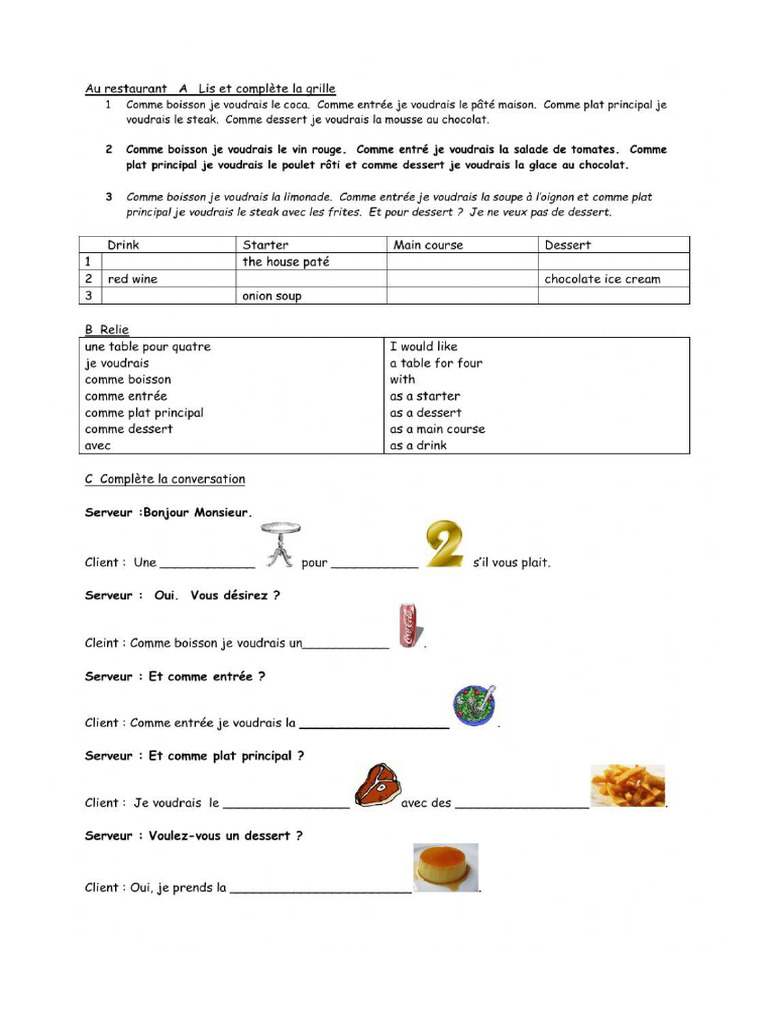Exercices Au Restaurant | PDF