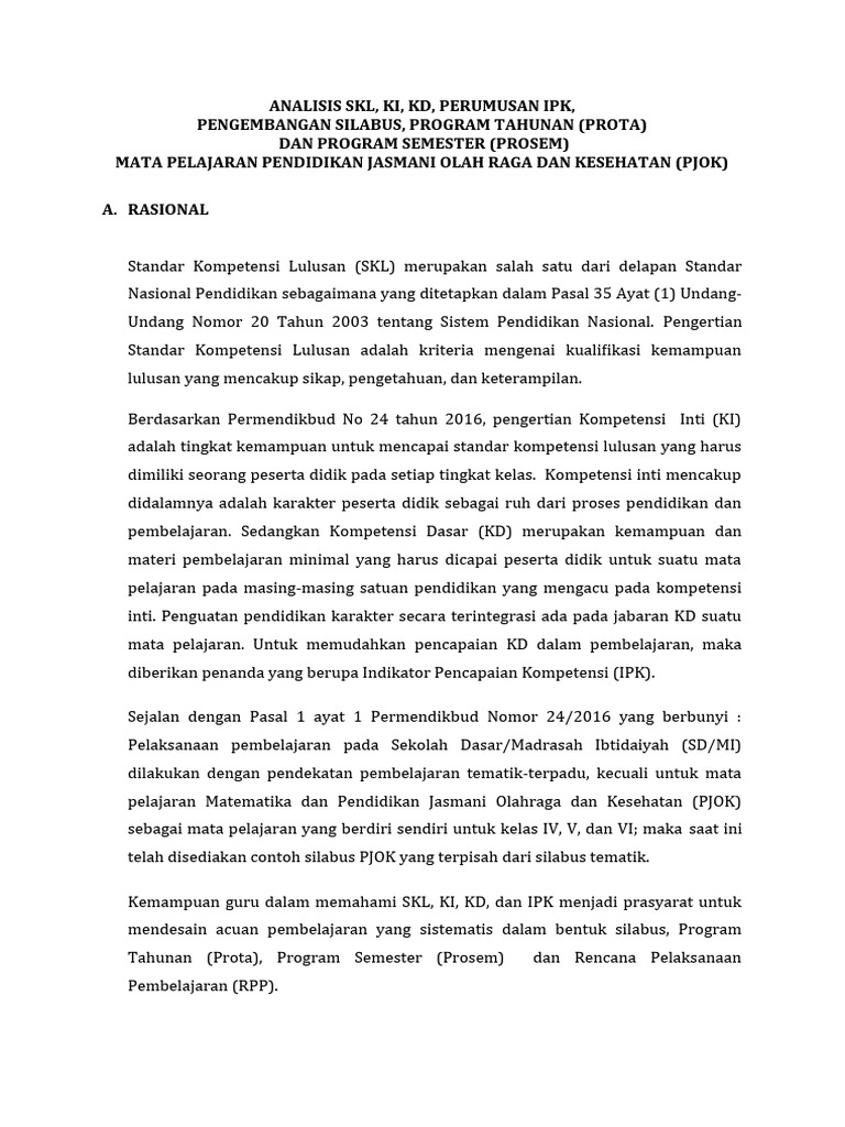 Modul Analisis SKL KI KD - Silabus - Prota Prosem - RPP - PJOK - 14 Februari 2018 | PDF | Karier ...