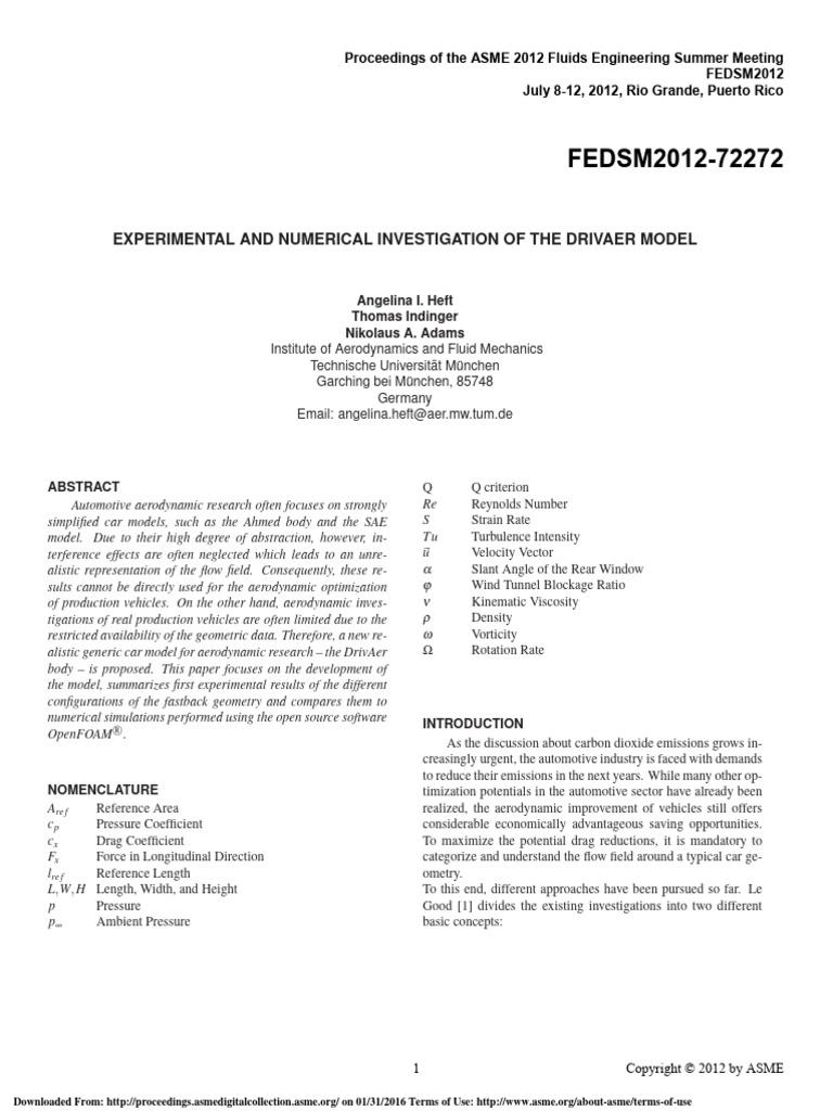 Experimental and Numerical Investigation of The Drivaer Model | PDF ...