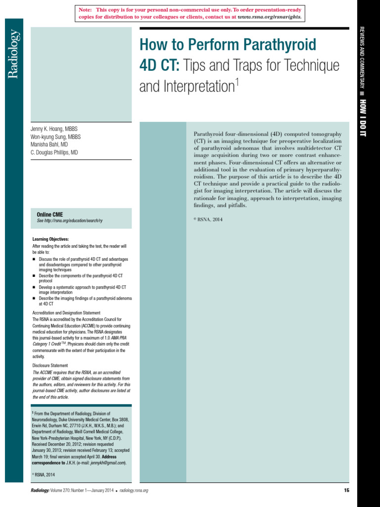 CT Parathyroid Radiology 2014 | PDF | Thyroid | Parathyroid Gland