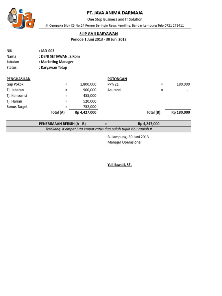 Contoh Slip Gaji Karyawan Format Ms Excel | PDF