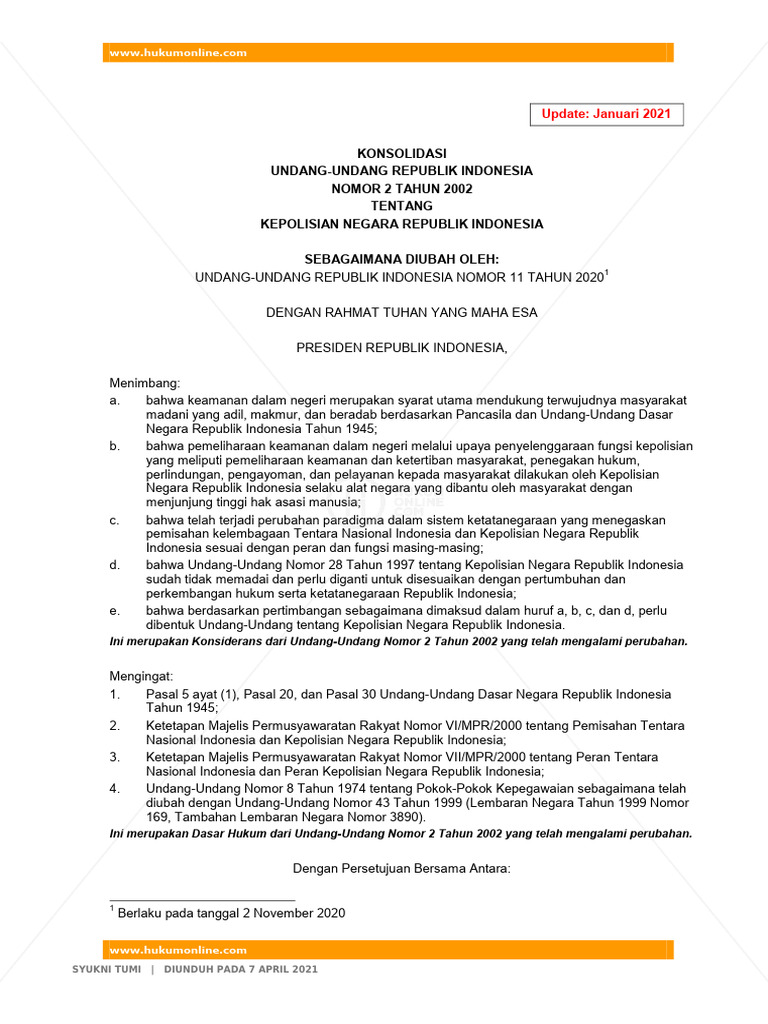 Konsolidasi Uu No 2 THN 2002 TTG Kepolisian Negara Republik Indonesia | PDF